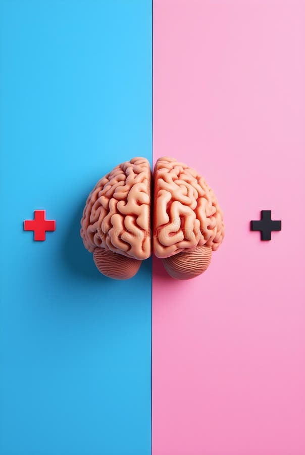 A Conceptual Image Featuring a Human Brain Divided by a Pink and Blue ...