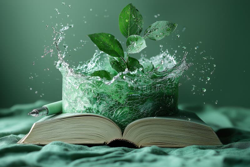Open Book with Green Splash and Plant in Creative Nature Concept Stock ...