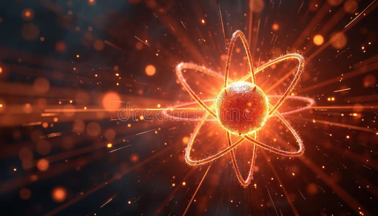 Conceptual Image of Glowing Atom Model in Orange Light Trails ...