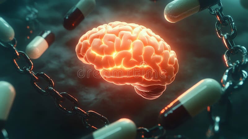 Conceptual Image of a Glowing Brain Surrounded by Chains and Capsules ...