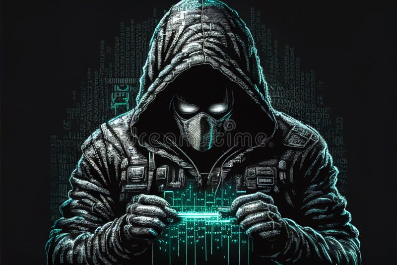 Conceptual Image Of A Hacker Wearing Hoodie With Binary Code Patterns