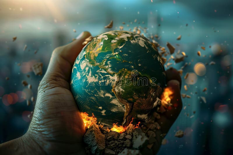 Hand Holding Burning Earth in Apocalyptic Scene Stock Photo - Image of ...