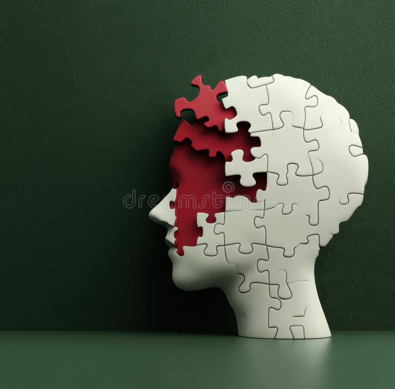 Puzzle Pieces Forming a Head with a Red Section Removed Stock Image ...