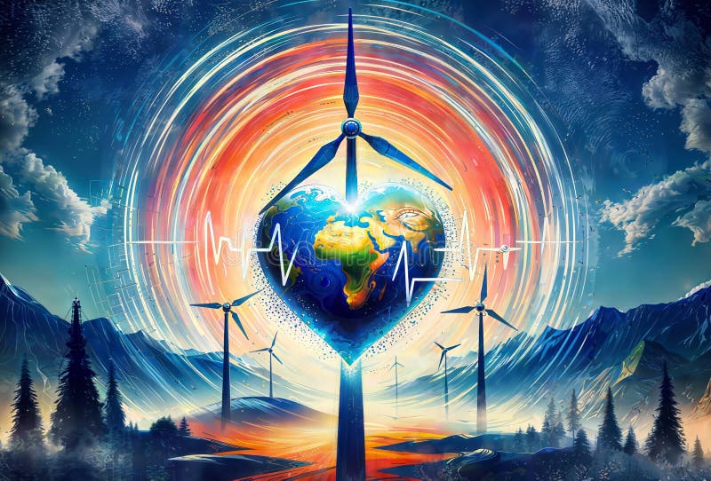 Conceptual Image with Heart and Wind Turbines. 3D Rendering, Generative ...