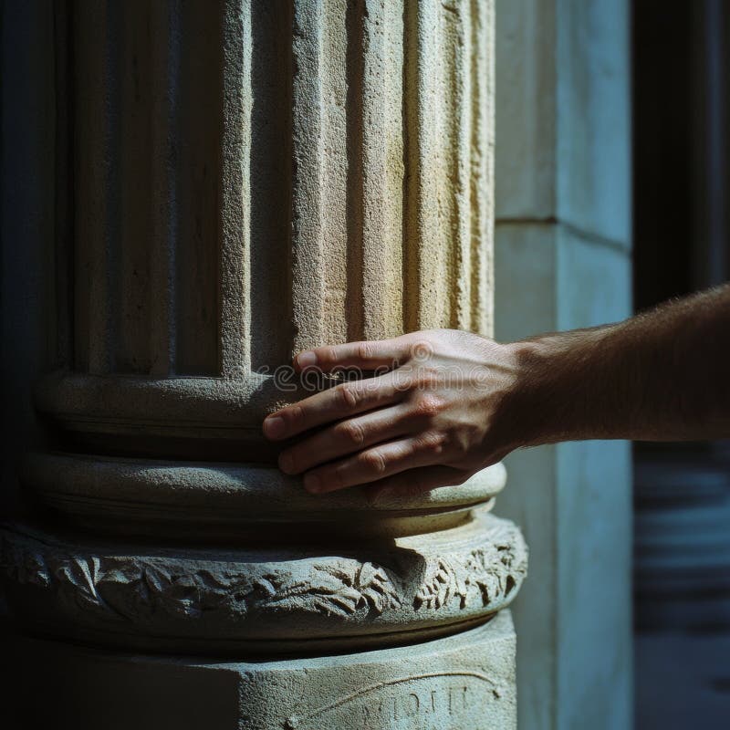 Conceptual Image of Human Hand Touching Ancient Column with Symbols and ...