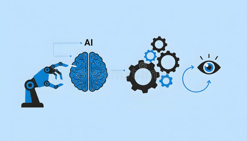 AI Powered Intelligent Systems: Robotic Arm Engages with Circuit Brain, Processing Gears, and ...