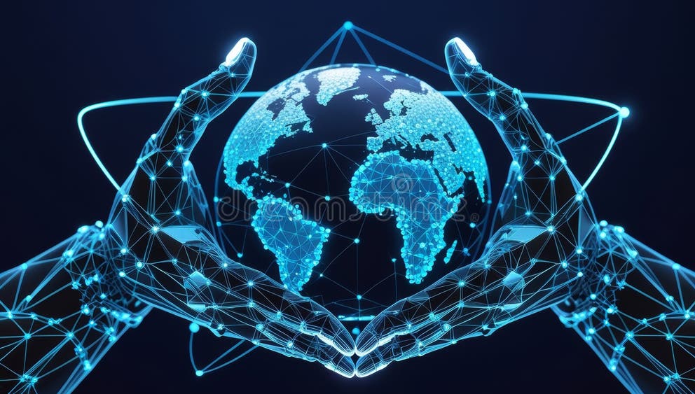 Global Digital Transformation Concept with Glowing World and Hands ...
