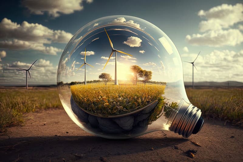 Conceptual Image of a Light Bulb with Eolic Energy, Wind Turbines, Wind ...