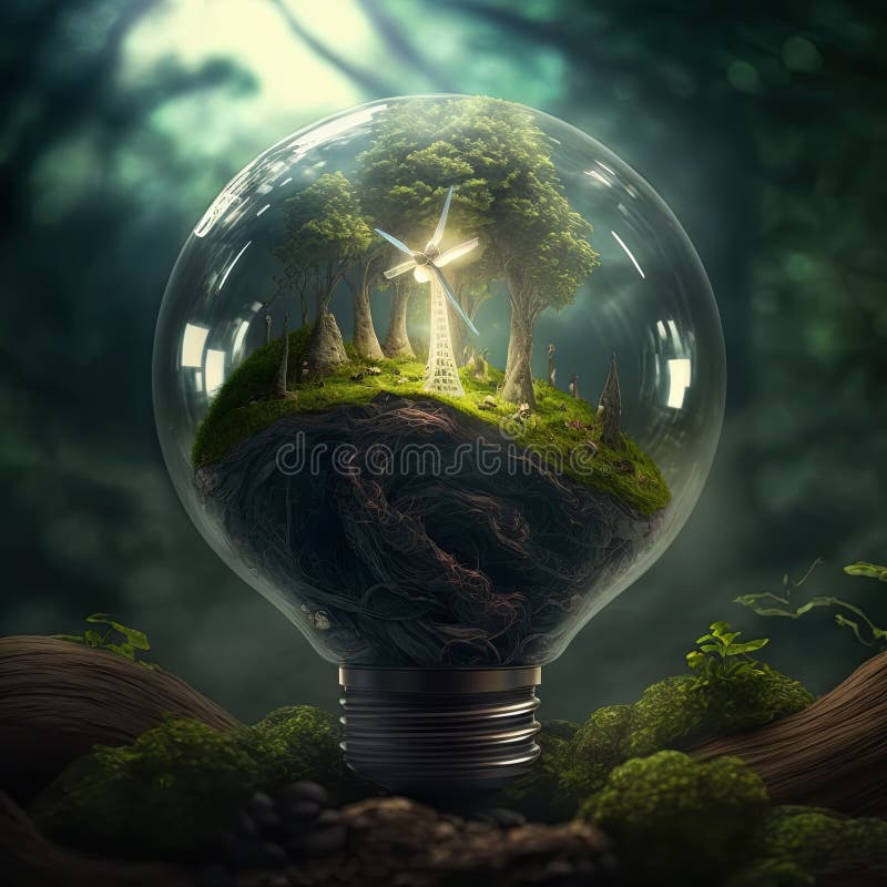 Conceptual Image of a Light Bulb with Eolic Energy, Wind Turbines, Wind ...