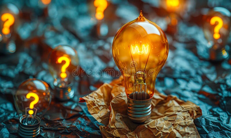 Conceptual Image of a Lit Light Bulb on Crumpled Paper with Question ...