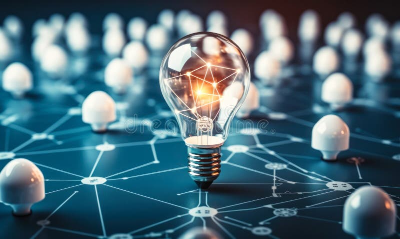 Conceptual Image of a Lone Light Bulb Connected To Multiple White ...