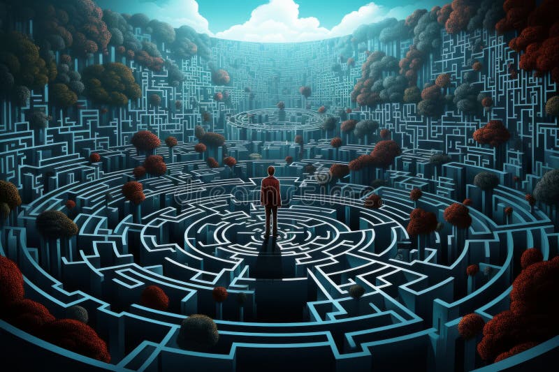 Man at the Center of a Vast, Intricate Maze Surrounded by Autumn Trees ...