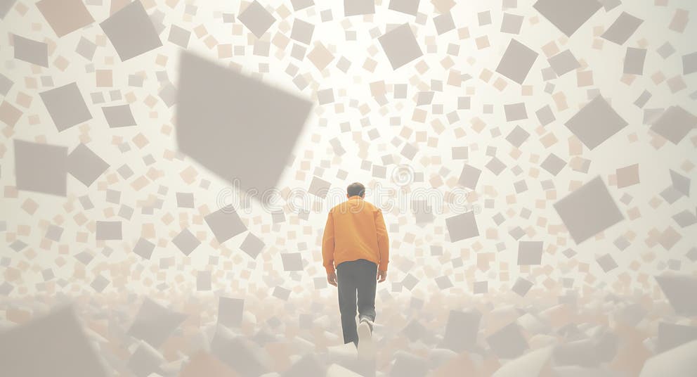 Conceptual Image of Man Walking through Dense Squares. Illustration of ...