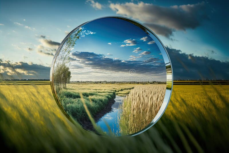 Conceptual Image of a Mirror Reflecting Crops in a Cereal Field on a ...