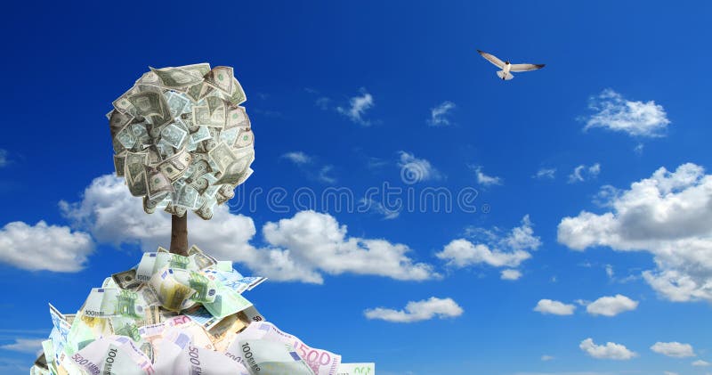 Conceptual Image of Money Tree in Money Pile Over Sunny Blue Sky Stock ...
