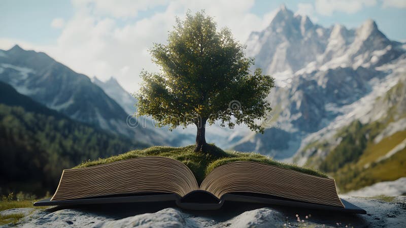 Open Book with Tree and Mountain Landscape Nature Growth Knowledge ...