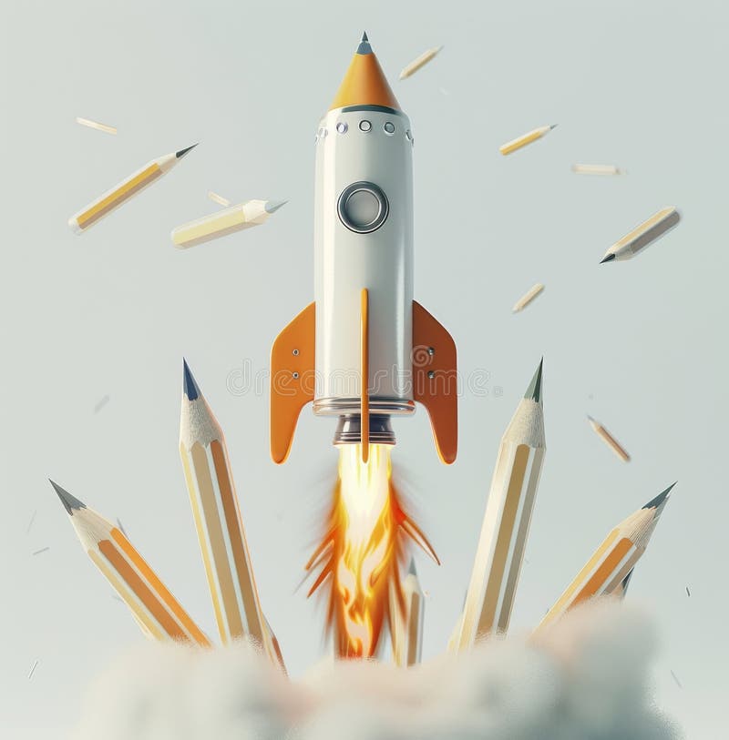 Conceptual Image of a Pencil Rocket Launching with Flames and Debris ...