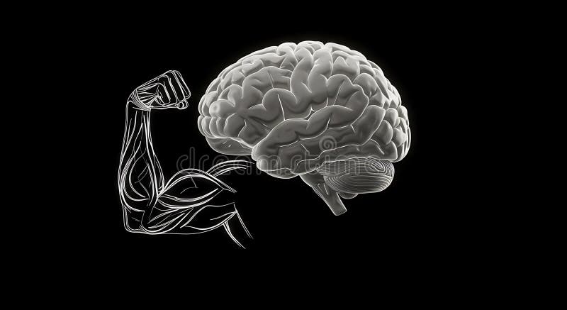 Brain Power Concept Human Brain with Strong Arm on Dark Background ...