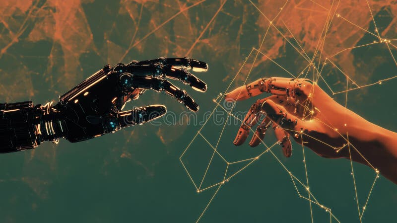 Human and Robotic Hand Interaction Over Urban Skyline Stock Image ...
