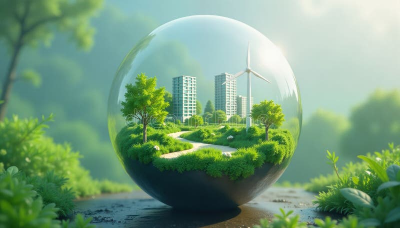 Fragile Ecosystem in a Glass Sphere with Wind Turbine and Buildings ...