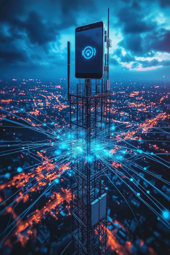 High-tech Communication Tower with Digital Connections and Glowing ...