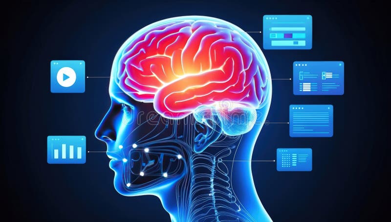 Conceptual Image Showing a Brain in Profile View with Digital Icons ...