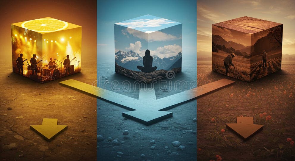 Conceptual Image Showing Life Path Options Using Three Cubes and Arrows ...