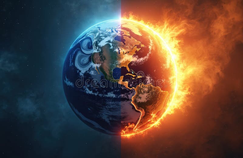Conceptual Image Split Earth into Fire, Ice Side. Global Warming ...