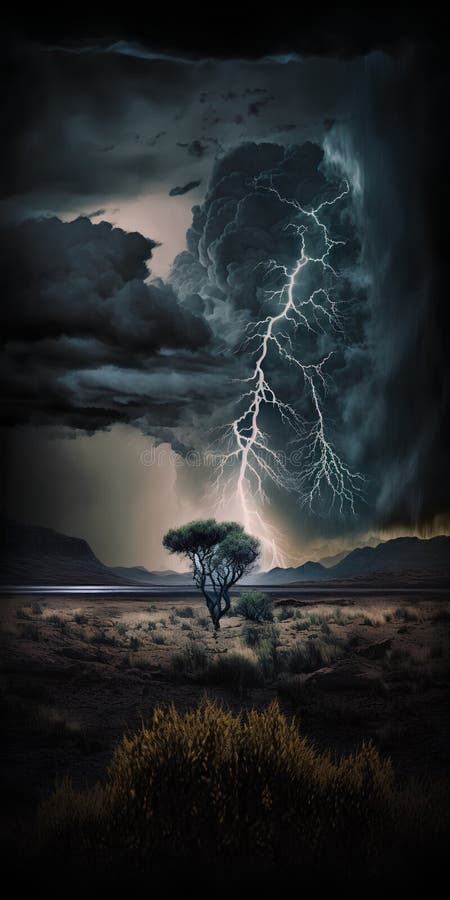 Conceptual Image of Stormy Sky with Lightning Striking a Tree Stock ...