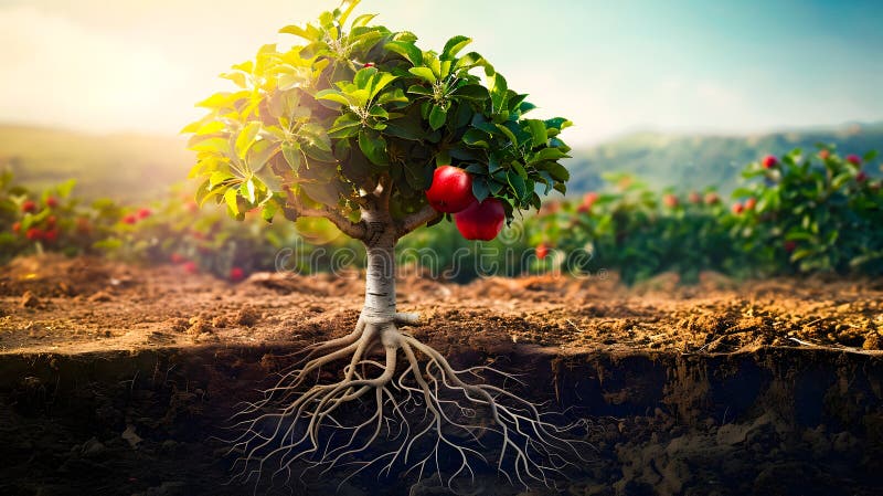 Conceptual Image of a Thriving Tree with Bright Red Apple and Extensive ...
