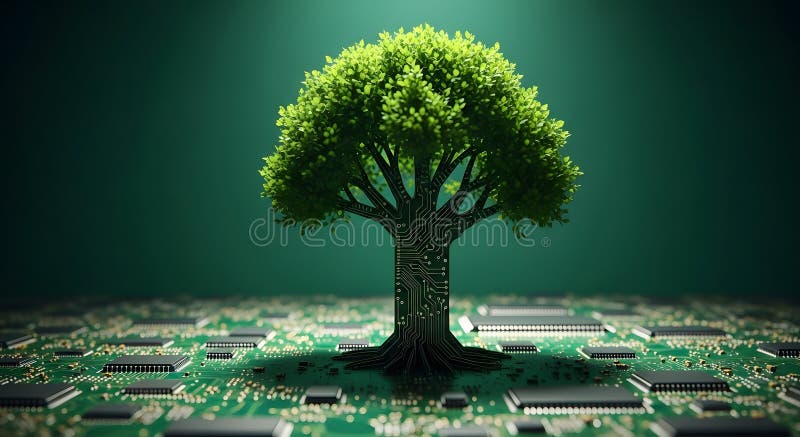 Green Technology Tree Circuit Board Digital Ecosystem Sustainable ...