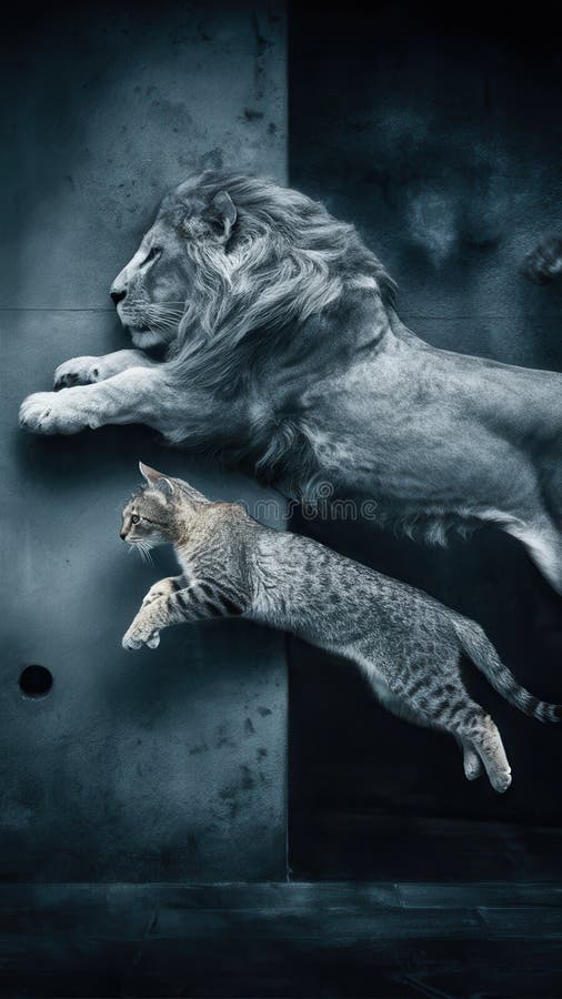 Conceptual Image of Two Lions and a Cat in Dynamic Poses Against Gray ...