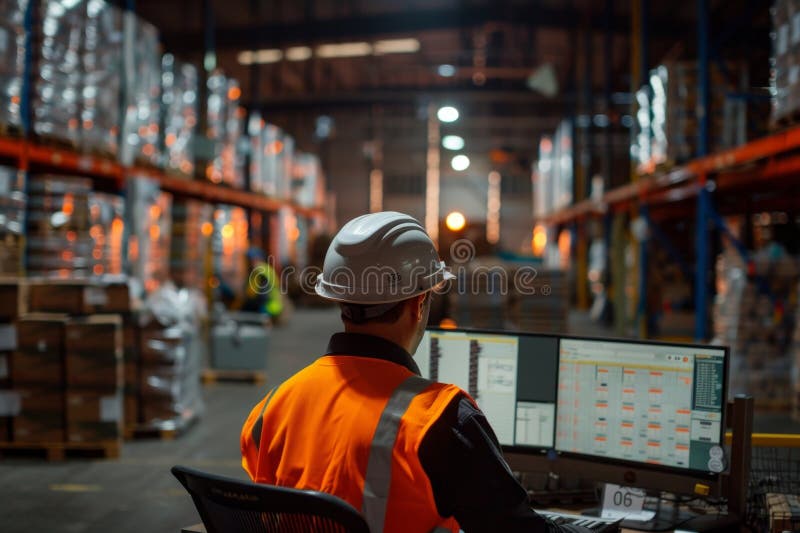 Warehouse Worker in Safety Gear Monitoring Inventory on a Computer ...