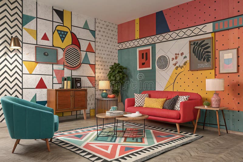 Memphis Style Conceptual Interior Room Stock Illustration ...