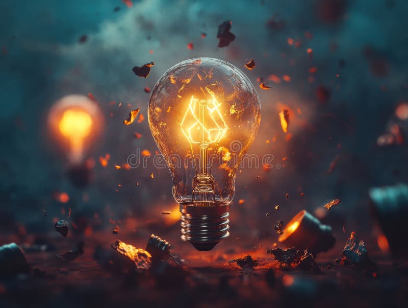 Conceptual Lightbulb Idea Exploding Sparking Illumination Against a ...
