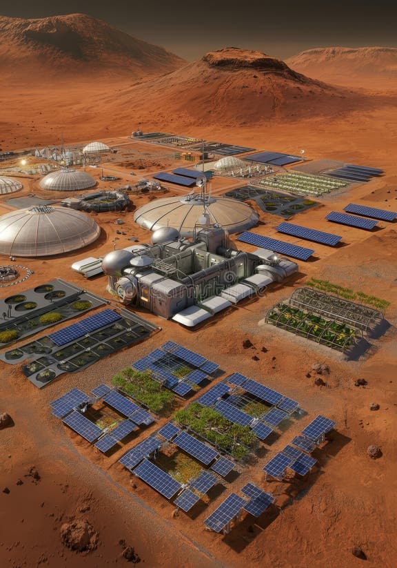 A Conceptual Mars Base with Multiple Domed Structures Set on a Barren ...