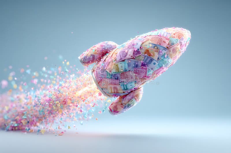 Conceptual Money Rocket Launching with Colorful Confetti Explosion ...
