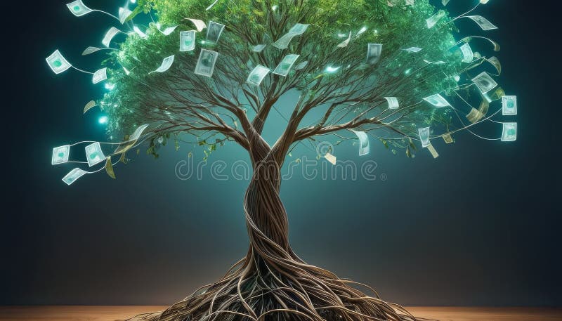 Conceptual Money Tree with Glowing Leaves Stock Photo - Image of growth ...
