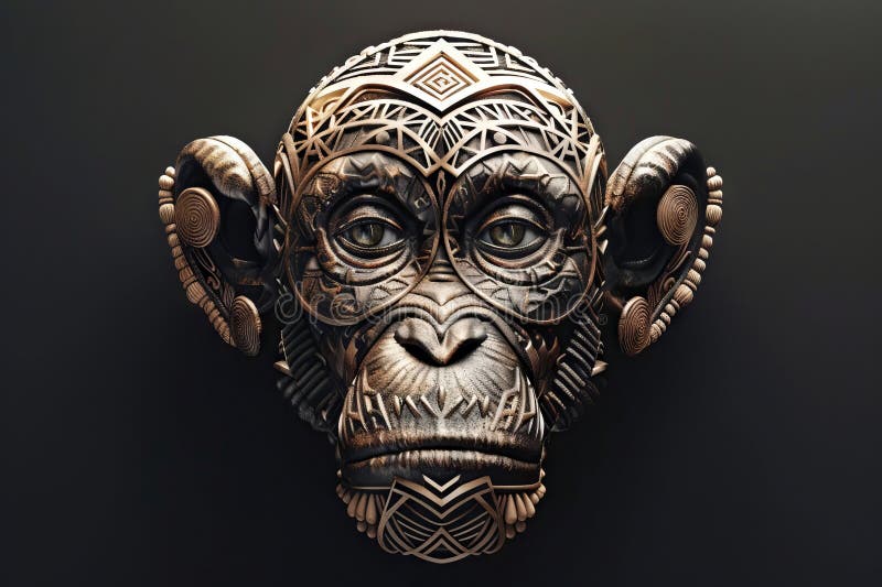 Monkey Head with Tribal Designs in Simple Line Art. Stock Illustration ...