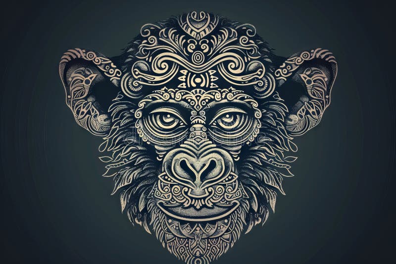 Monkey Head with Tribal Designs in Simple Line Art. Stock Illustration ...