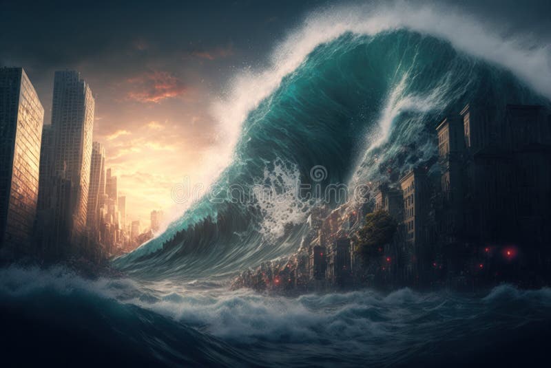 Conceptual Natural Disaster City Destroyed by Tsunami. Stock ...