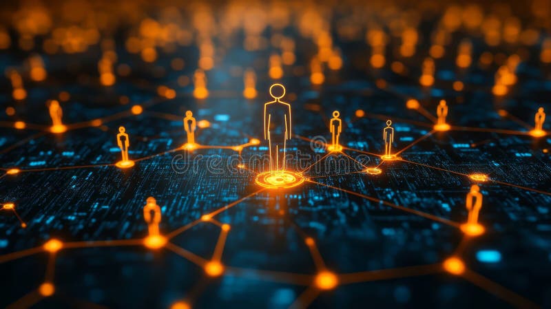 Conceptual Network of Connected Human Figures on Glowing Digital Grid ...