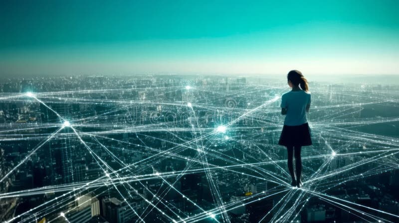 Conceptual Network of Connected Human Figures on Glowing Digital Grid ...