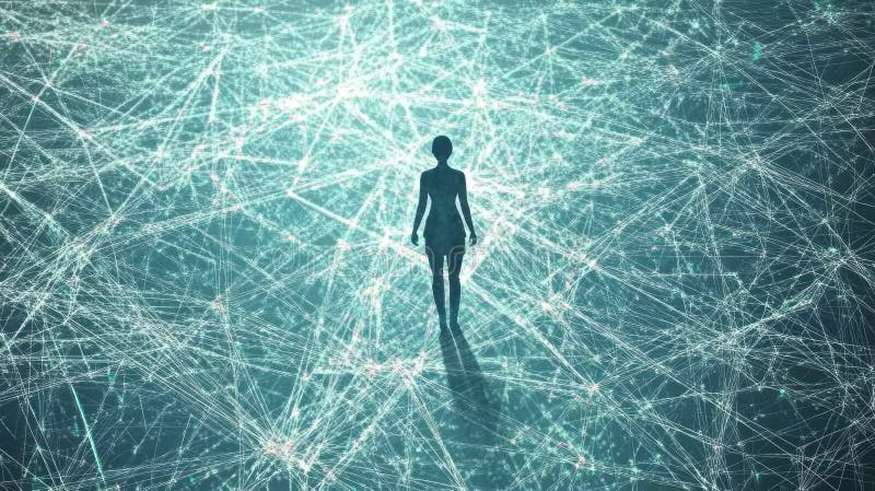 Conceptual Network of Connected Human Figures on Glowing Digital Grid ...