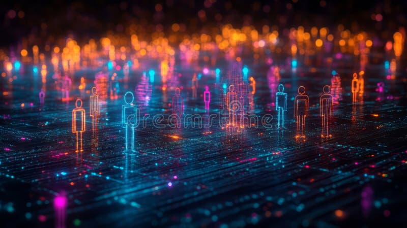 Conceptual Network of Connected Human Figures on Glowing Digital Grid ...