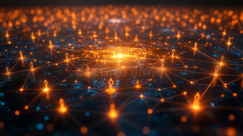 Conceptual Network of Connected Human Figures on Glowing Digital Grid ...