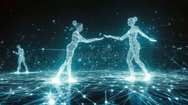 Conceptual Network of Connected Human Figures on Glowing Digital Grid ...