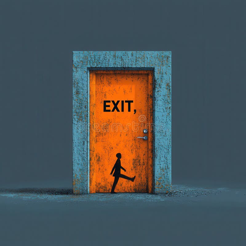 Conceptual Orange Exit Door with Black Silhouette Figure on Gray Wall ...