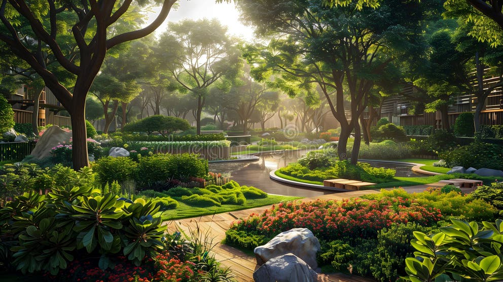 Conceptual Park Rendering with Winding Path and Pond. Generative by AI ...