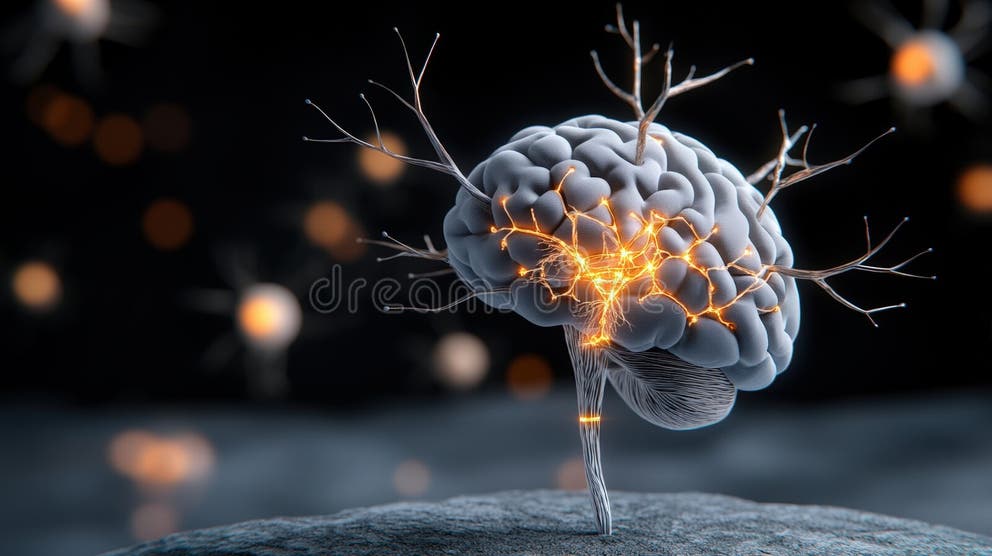 A Conceptual Representation of a Brain with Glowing Connections in a ...